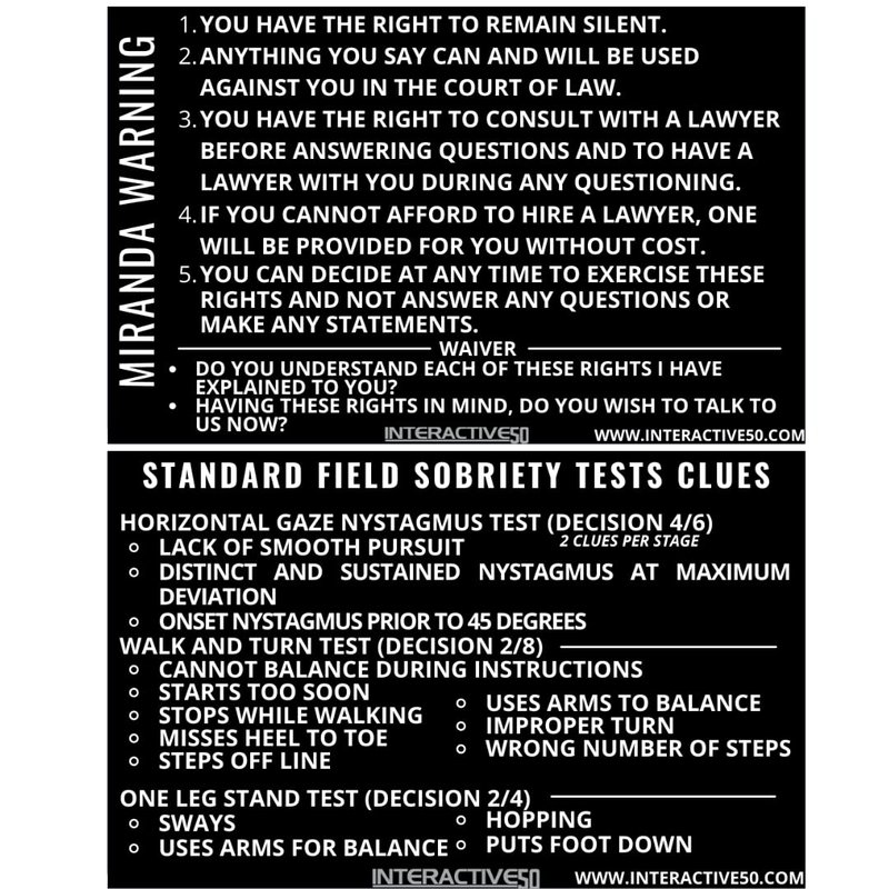 Interactive 50 Laser Etched Metal Miranda/Standard Field Sobriety Test ...