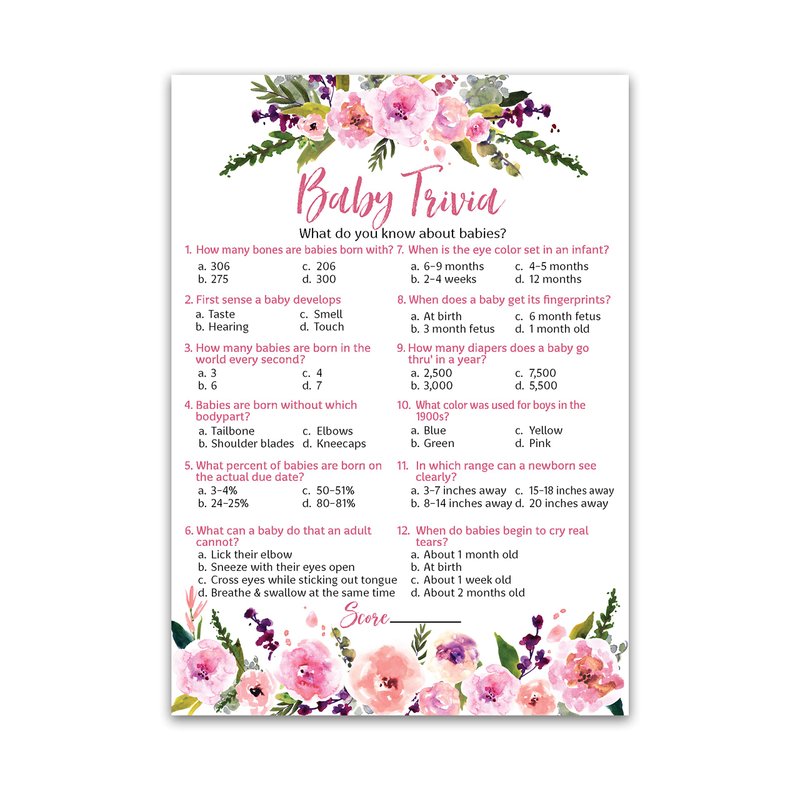 Inscape Creations Girl Baby Shower Games — Baby Trivia Game — 25 Guests ...