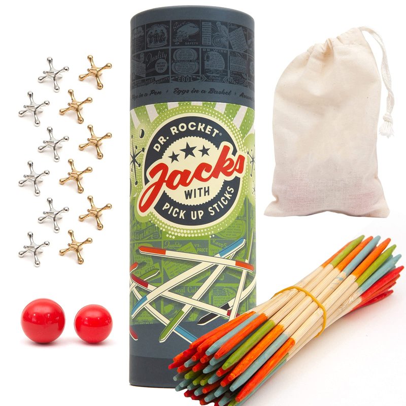 Jacks Game and Wooden Pick Up Sticks Combo Pack. 12 Metal Gold and ...