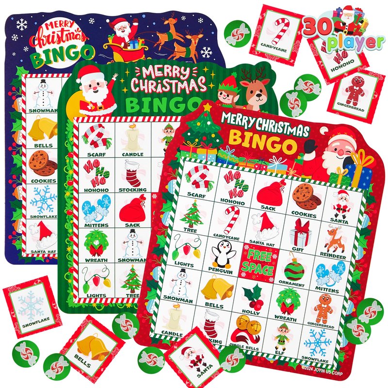 JOYIN 30 Players Christmas Bingo Cards Game, 3 Colors Kids Bingo Cards ...