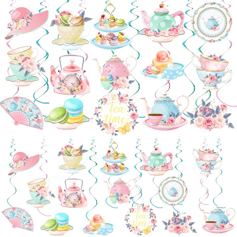60 PCS Tea Party Decorations, 30 Set Floral Tea Time Hanging Swirl ...