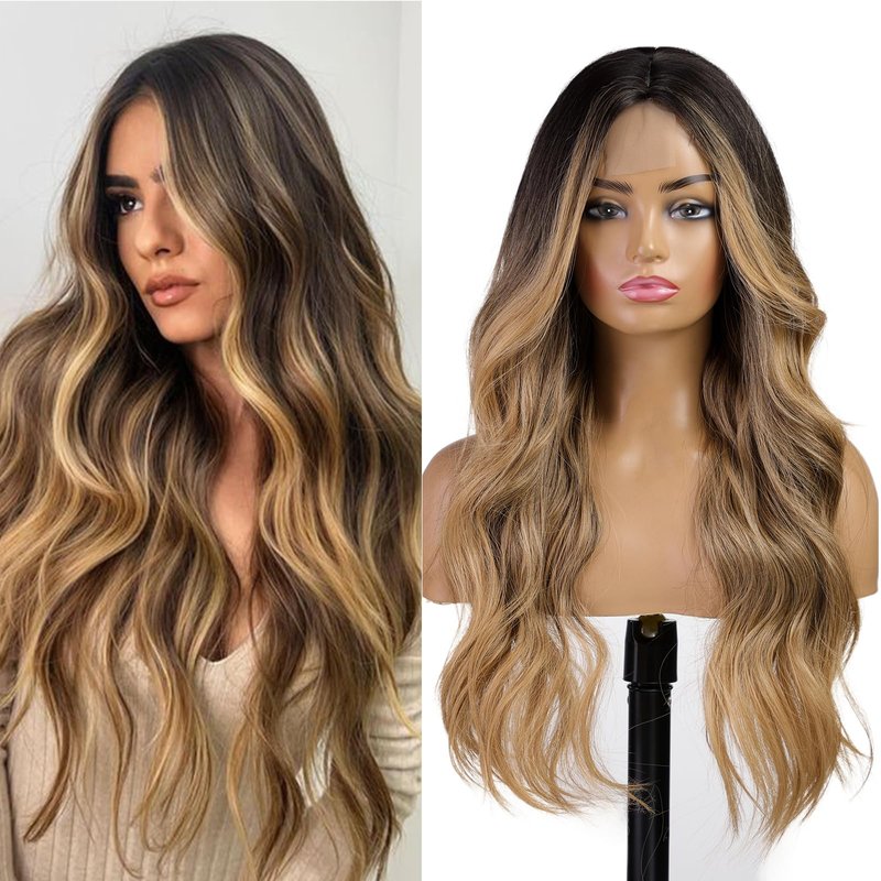 topshe Middle Part Wig for Women Light Brown Hair Brunette Roots Wavy ...