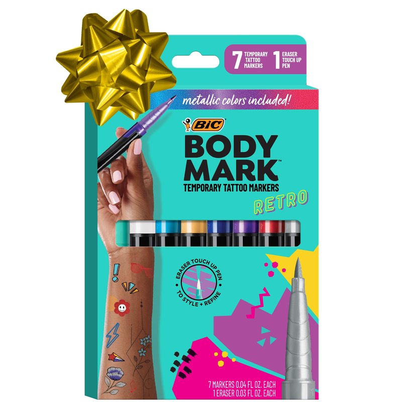 BodyMark 90s Pack Temporary Tattoo Markers for Skin, 4 Metallic, 3 Bold Colors, 1 Eraser Pen ...