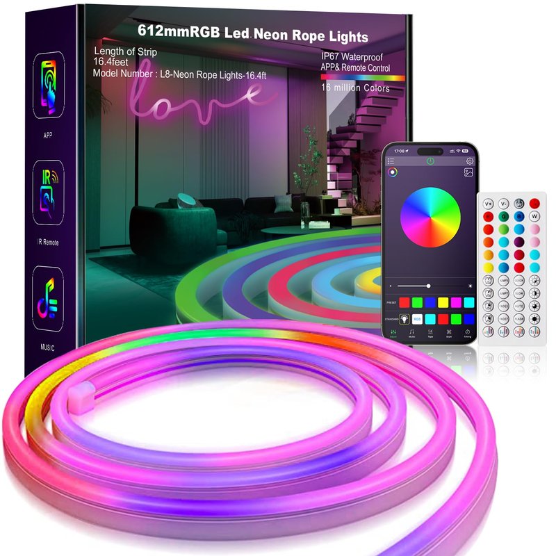 L8star 16.4ft RGB LED Neon Rope Light with Remote Control, Smart Color ...