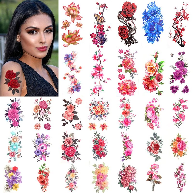 46 Sheets Flowers Temporary Tattoos Stickers Multi-Colored Mixed Style ...