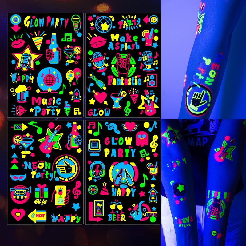 Neon Temporary Tattoos Glow In The UV & Dark Neon Tattoos Stickers, 88 ...