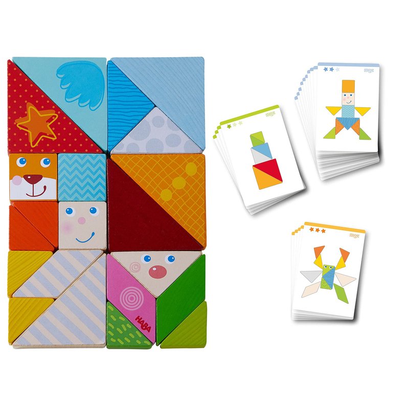 HABA Funny Faces Tangram Wooden Tile Arranging Game with 20 Template Cards (Made in Germany ...