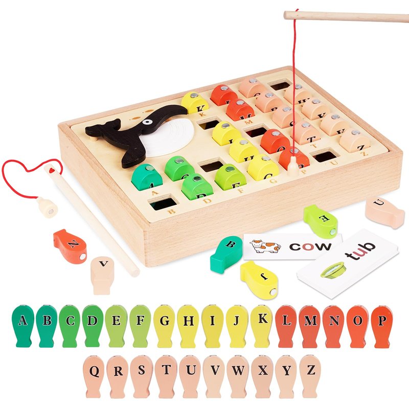 Agirlgle Wooden Magnetic Fishing Game with Letter Cards and 2 Poles ABC ...