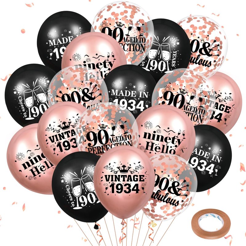 90th Birthday Balloons 18Pcs Rose Gold and Black 1934 Balloons 90th ...