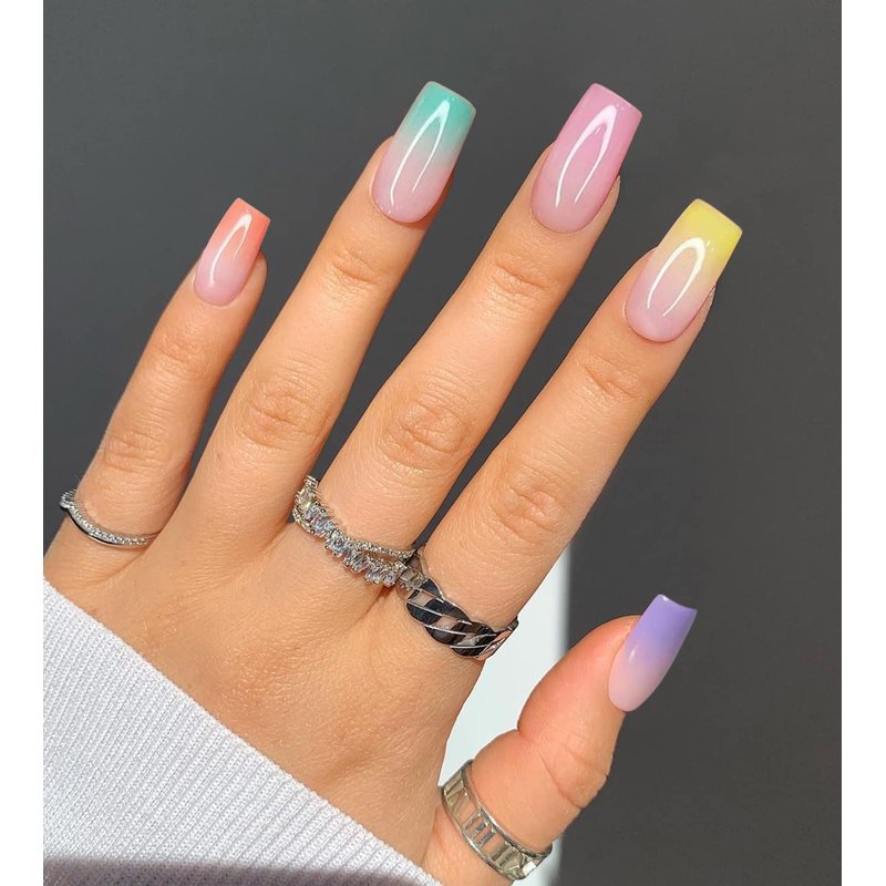 Artquee 24pcs French Tip Colorful Ombre Square Press on Nails Medium ...