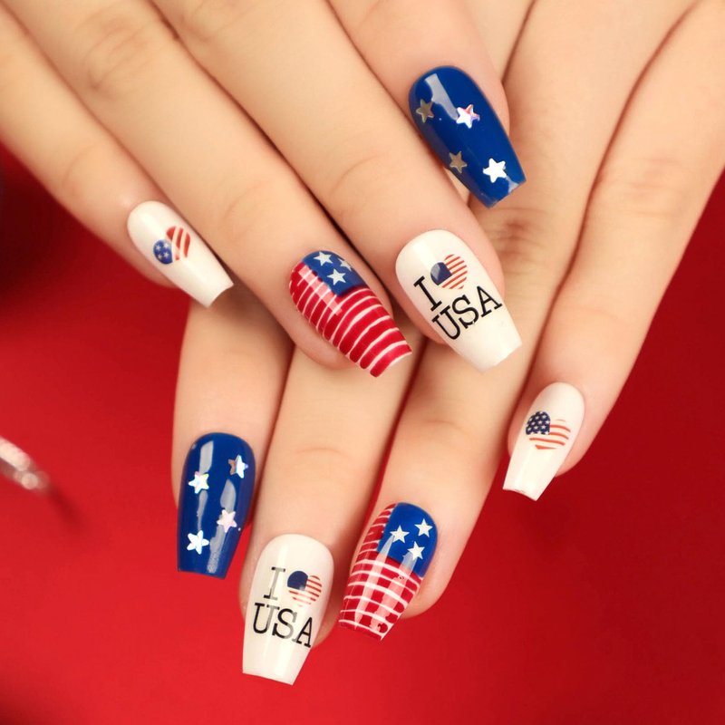 4th of July Coffin Press on Nails Short American Flag Fake Nails Red ...