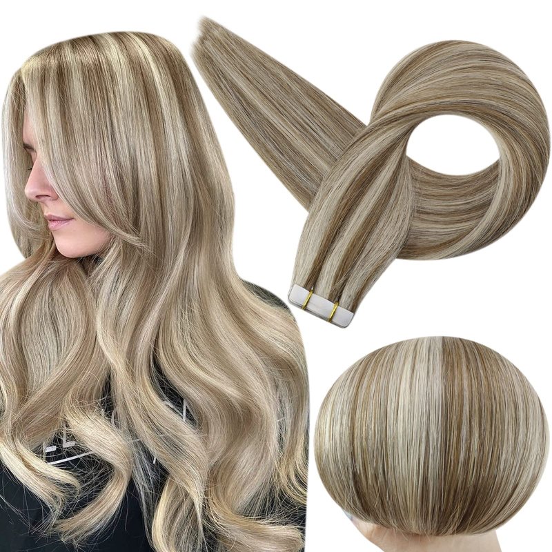 Full Shine Blonde Tape in Hair Extensions Human Hair Highlight Glue in ...