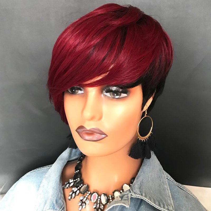 HOTKIS Pixie Cut Wig Human Hair Short Red Pixie Wig with Bangs Short ...