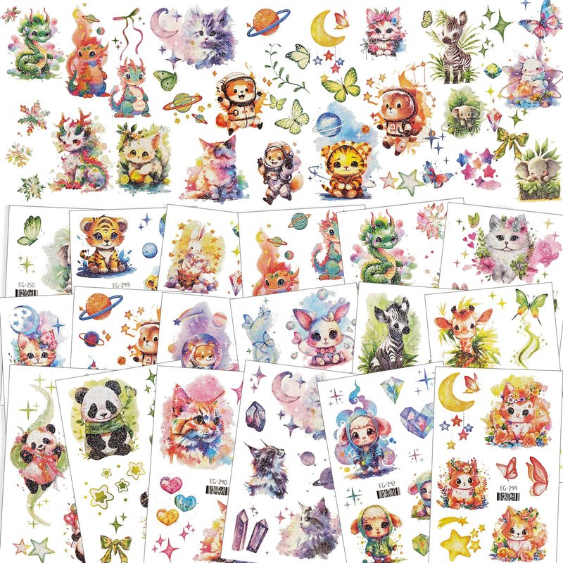 Qpout 18 Sheets Glitter Animal Temporary Tattoos for Kids,Jungle Animal ...