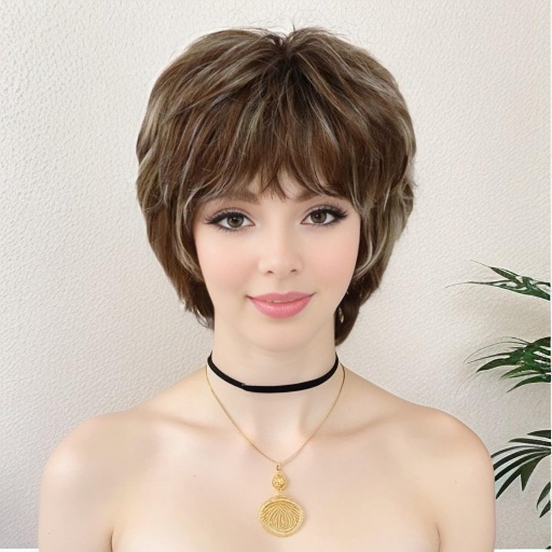 GNIMEGIL Synthetic Wigs for Women Natural Wig Mix Brown with Bangs Short HairCuts Mommy Wig ...