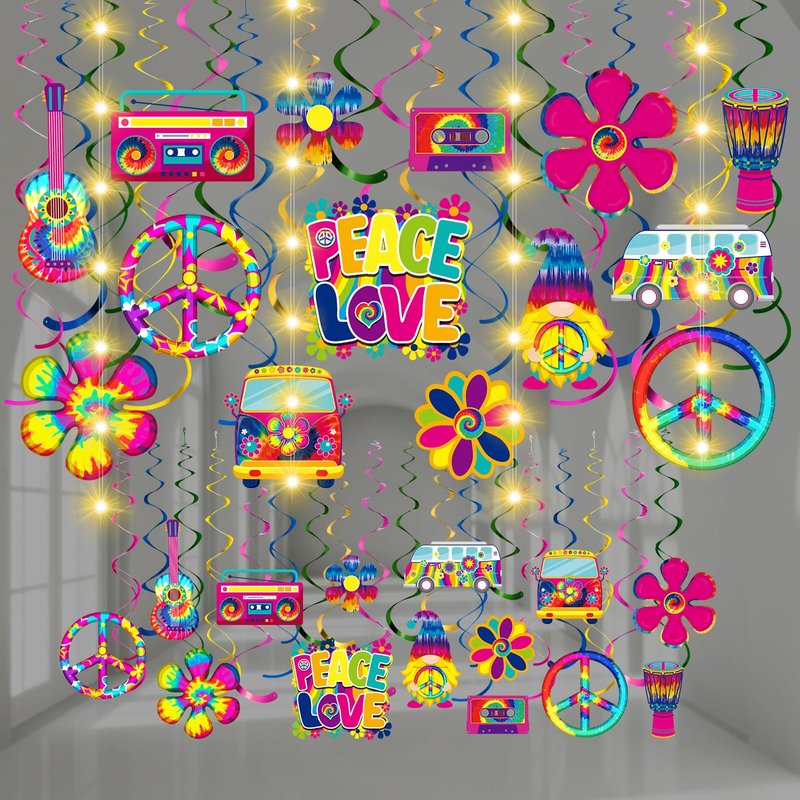 Skyygemm 56 Pcs 60s Hippie Hanging Decorations with Lights Groovy Retro ...