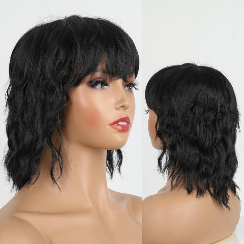 Matthia Short Wavy Bob Wig with Bangs for Women Black Mullet Wig 80s ...
