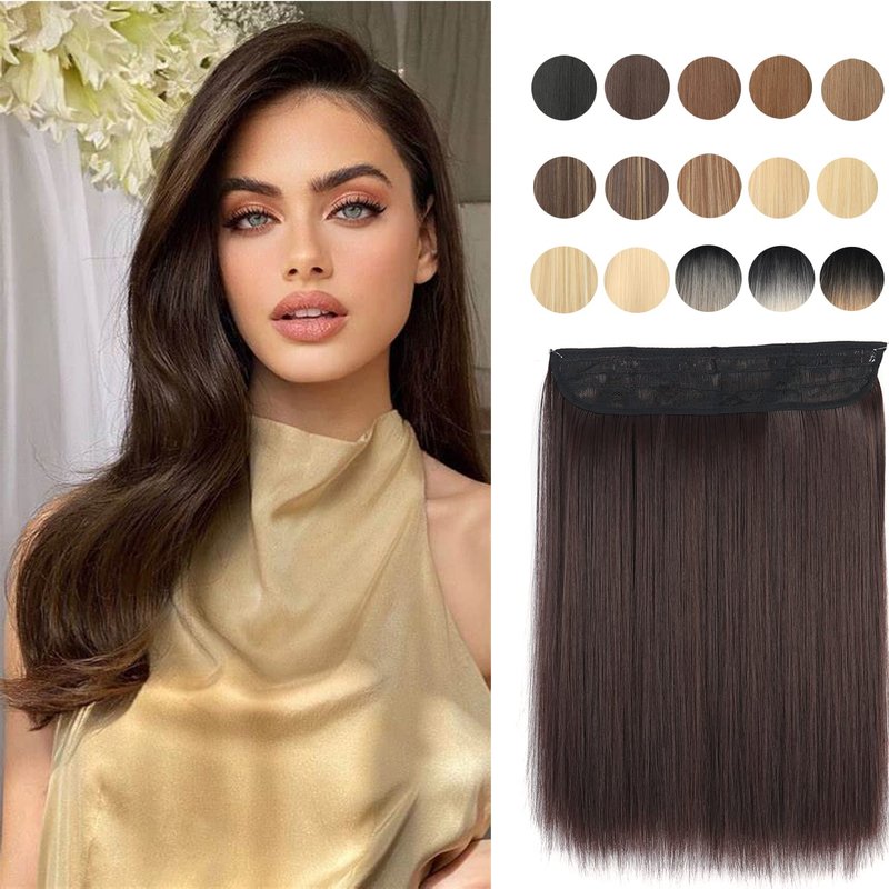 Inscca Halo Fake Hair Extensions Dark Brown & Dark Auburn Hair ...