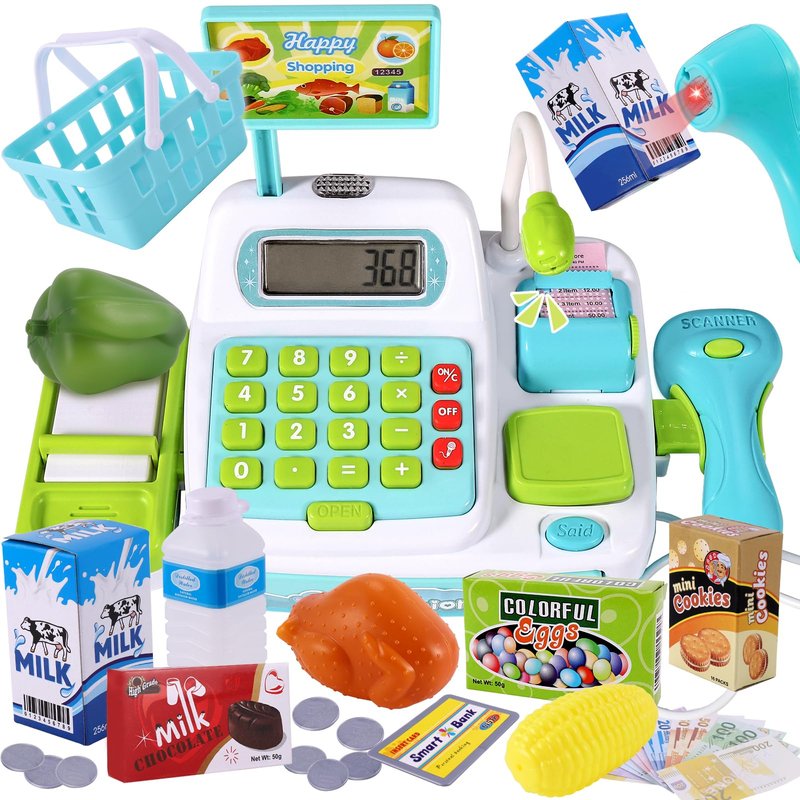 BUYGER Kids Pretend Play Cash Register for Kids with Scanner and Credit ...