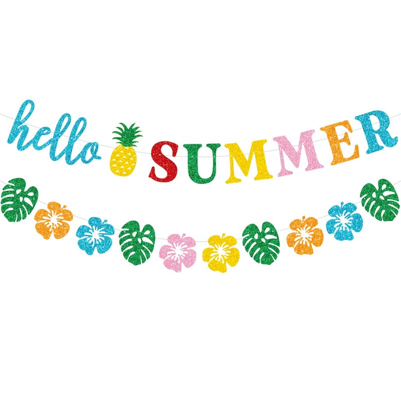 PTFNY Glittery Hello Summer Banner Hawaiian Luau Tropical Themed Banner ...