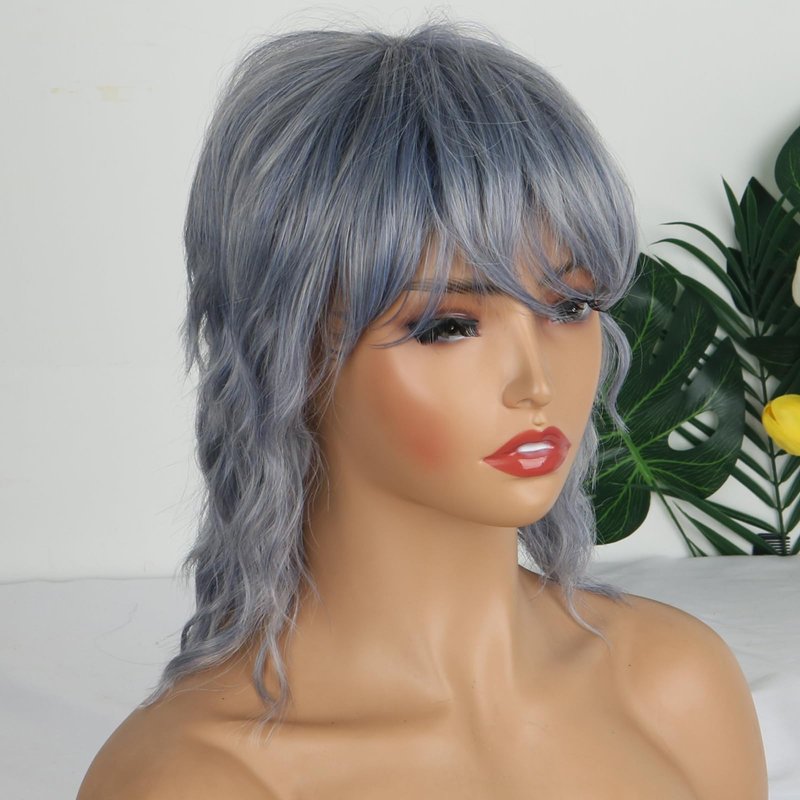 Matthia 80s 90s Mullet Wigs Curly Bob Gray Wigs with Bangs for Black ...