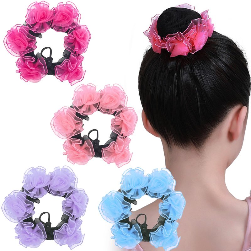 4 PACK Colored Bun Hair Nets with Flowers Deco, Ballet Hair Bun Cover ...