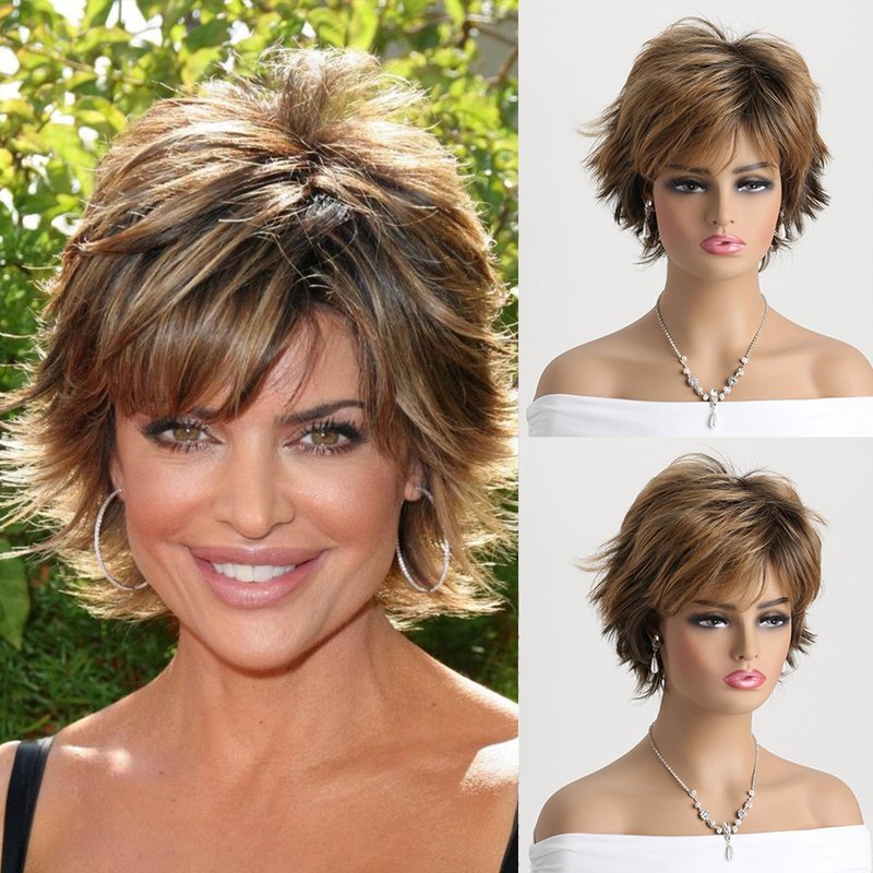 Jolelyne Short Highlight Brown Curly Wigs Pixie Cut Wig with Bangs ...