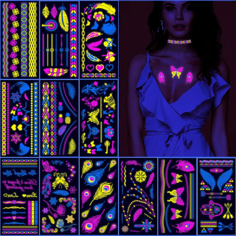 Neon Temporary Tattoos Glow in The Dark UV Neon Tattoos Stickers 160 ...