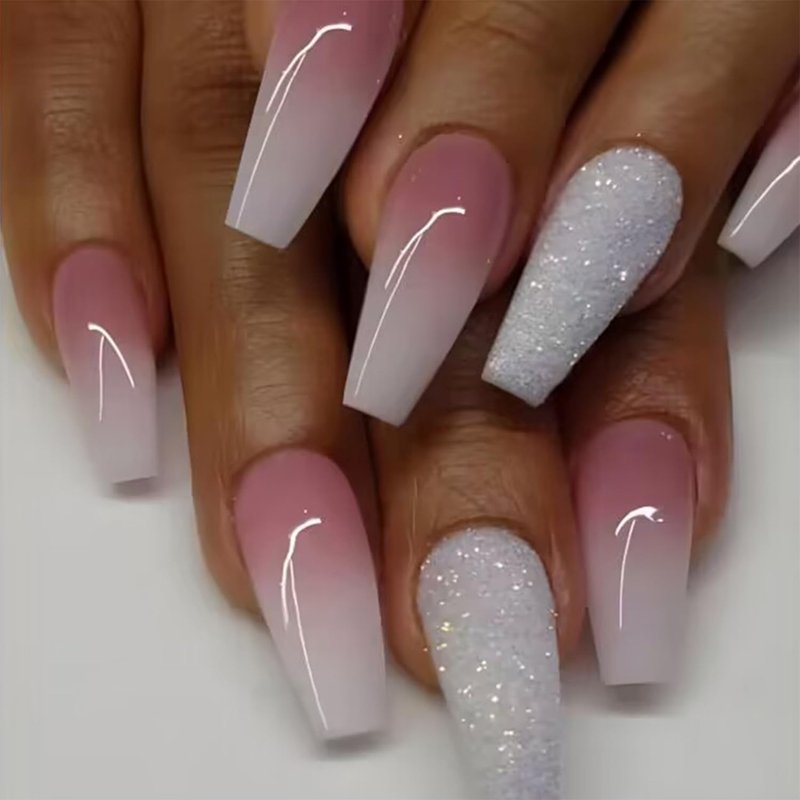 Glitter Pink Gradient Press on Nails Long Ballerina Square Acrylic Fake ...