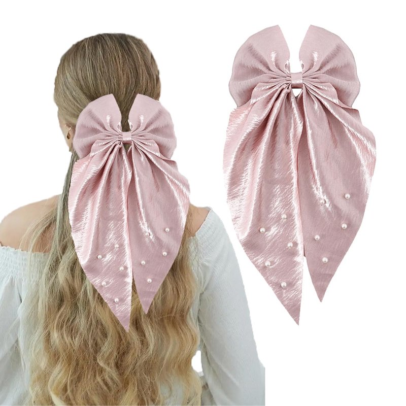 Big Hair Bow for Women Champagne Pink Silky Satin Hair Bow Clip Long ...