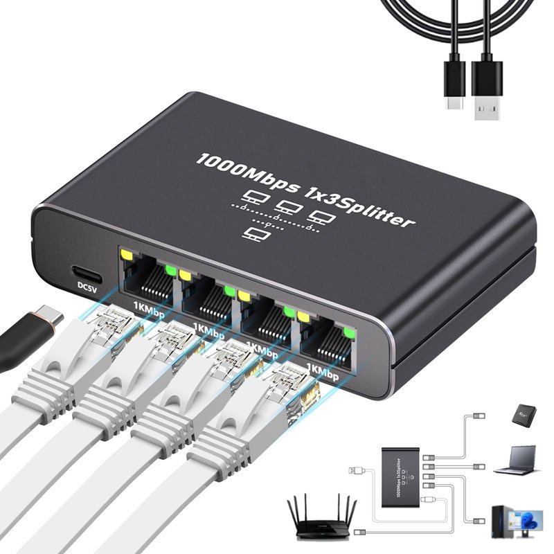 Aufloag Gigabit Ethernet Splitter 1 to 3-1000Mbps RJ45 Port Multiplier ...