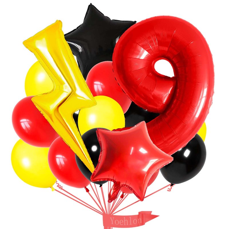 Red 9 Balloon Number, Red Black Yellow Balloons, Gold Lightning ...