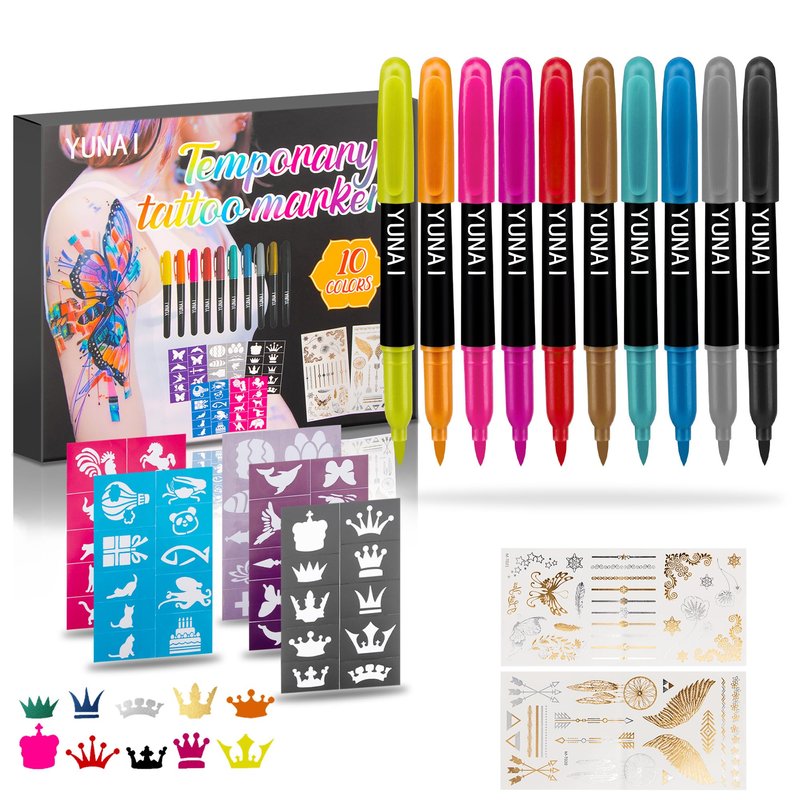 YUNAI Temporary Tattoos Markers for Skin, Tattoo Pen Kit with 10 Body ...