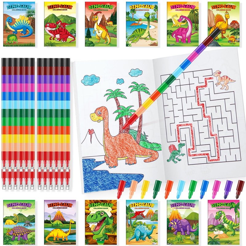 24 Pcs Dinosaur Mini Coloring Books Party Favors with 24 Stacking ...
